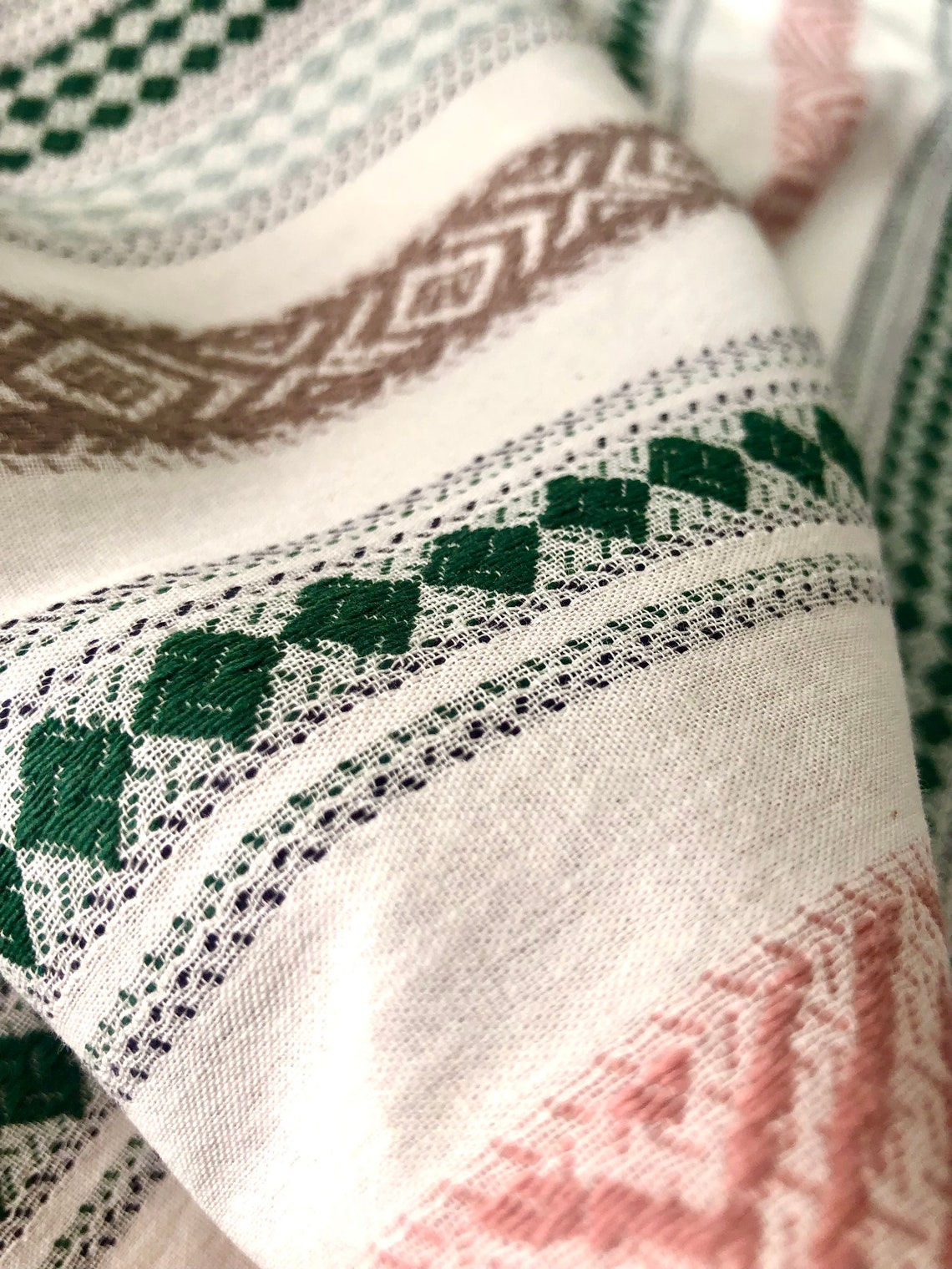 100% Cotton Jacquard Weave Table Runner Ivory, Rose, Mint, Forest Green & Tan Striped Runner ...