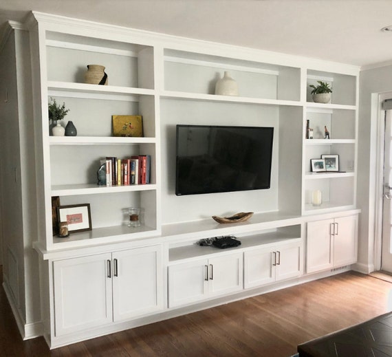 Modern Bookcase With Cabinet TV Unit Bespoke Affordable MDF MDF Alcove Fitted Furniture Shelving Bookcases and Storages Solutions