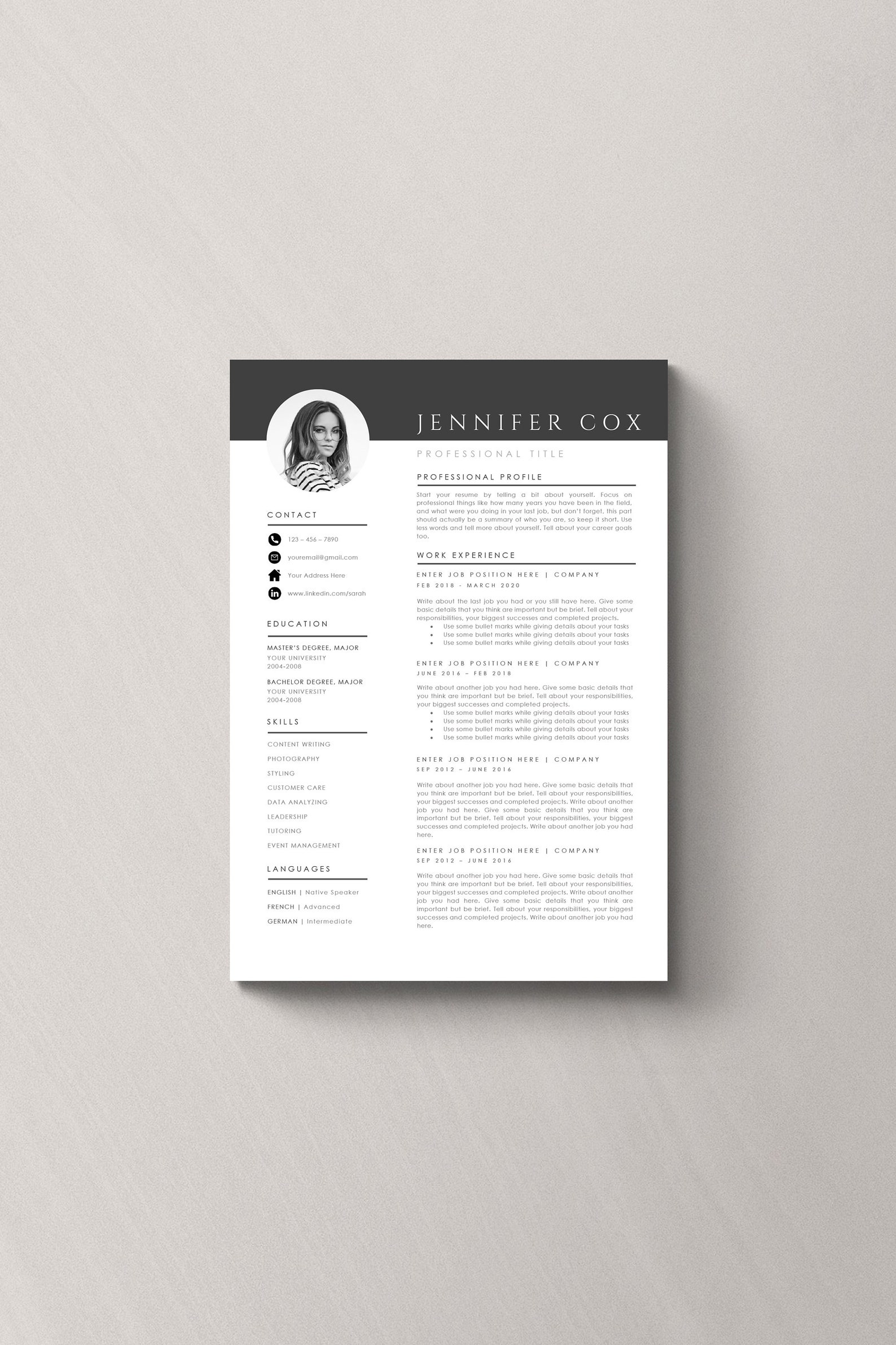 5 Page Resume Template, Cover Letter and References Template for MS Word, Mac Pages, DIY ...
