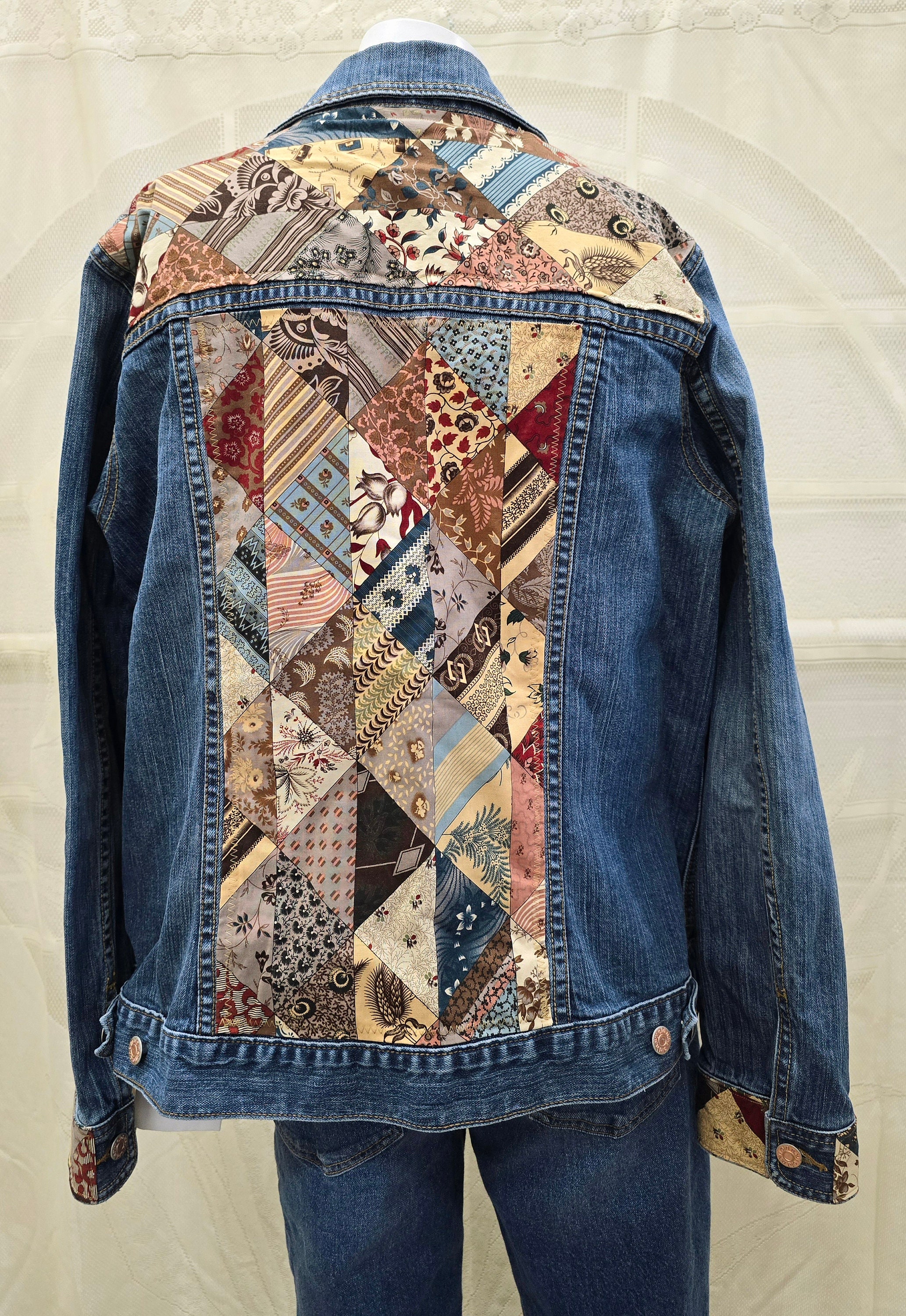 Embellished Denim, Patchwork Print Denim, Brown Reworked Denim Jacket ...