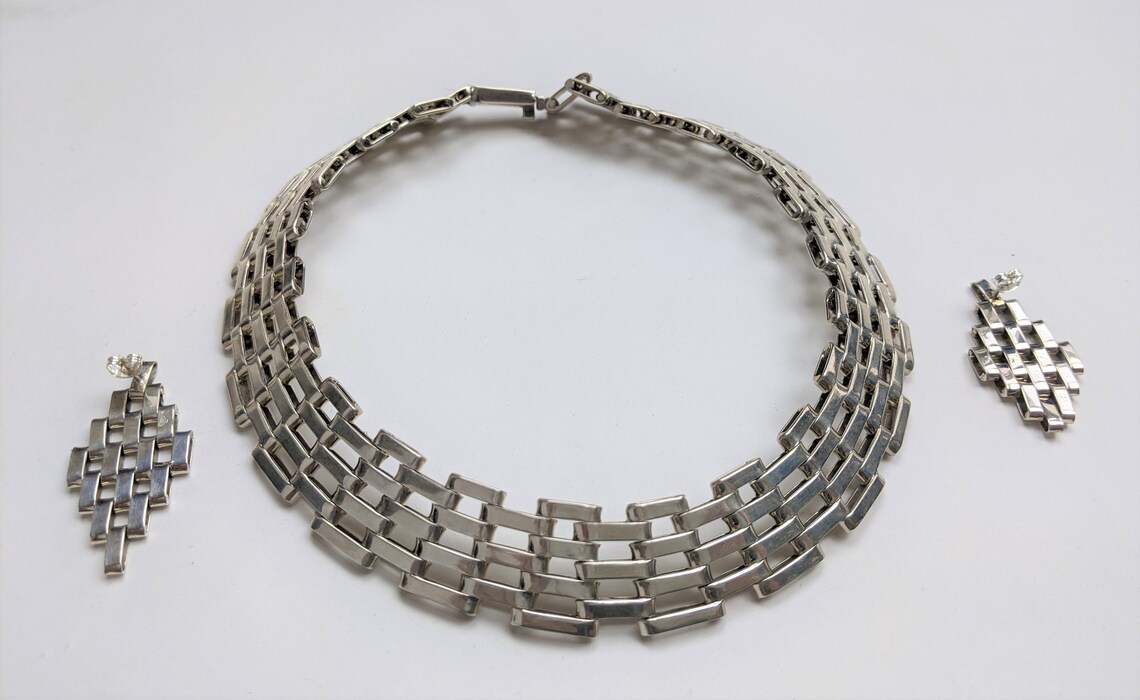 1970s Vintage Taxco Sterling Silver Chain Link Set: Bib/choker Necklace ...