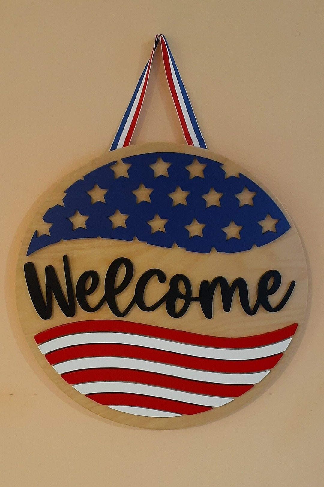 Patriotic Welcome Sign: 3D Wooden Door Hanger, 4th of July Decor - Etsy