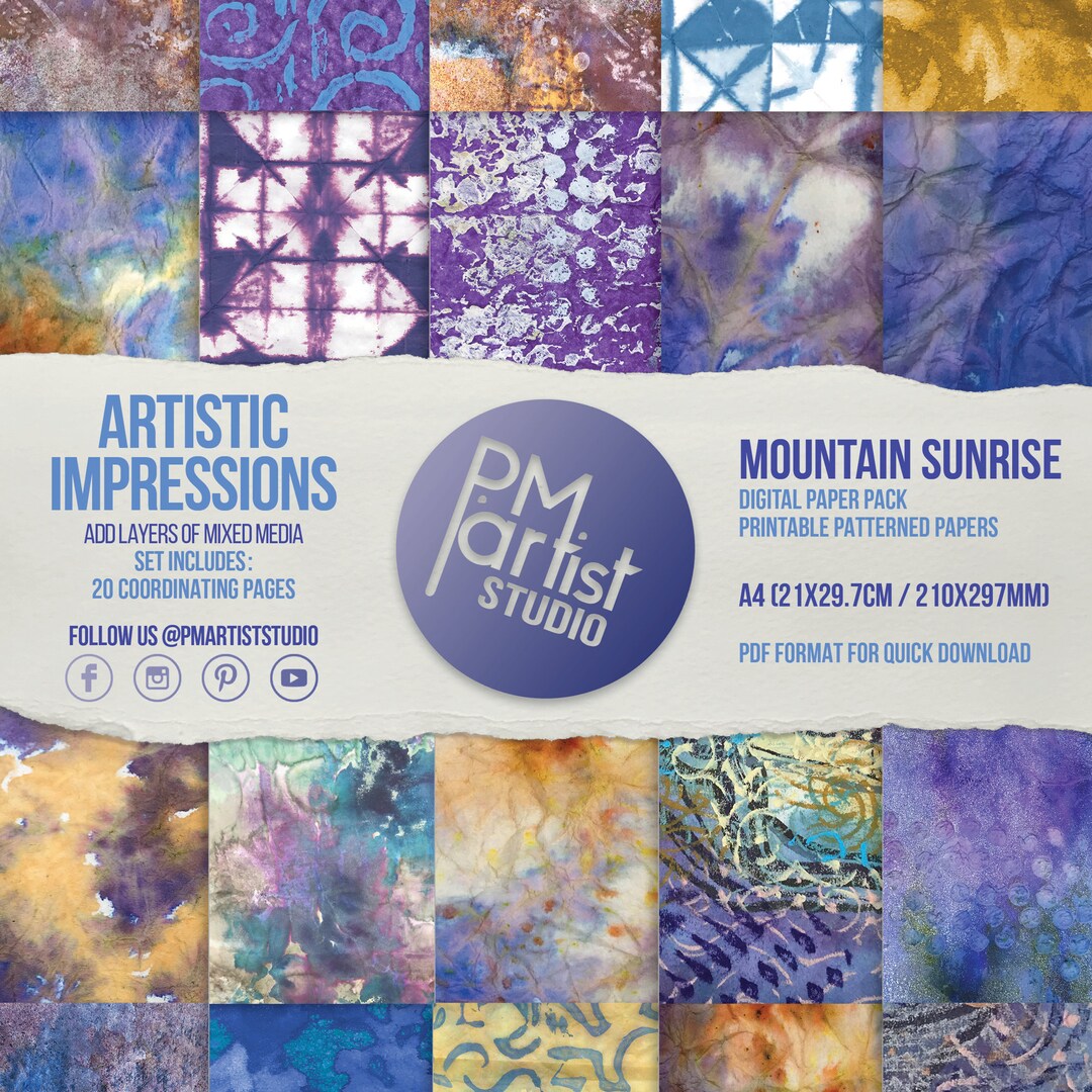 DIGITAL PRINTABLE PAPER | Mountain Sunrise | Watery Blues, Mountain ...