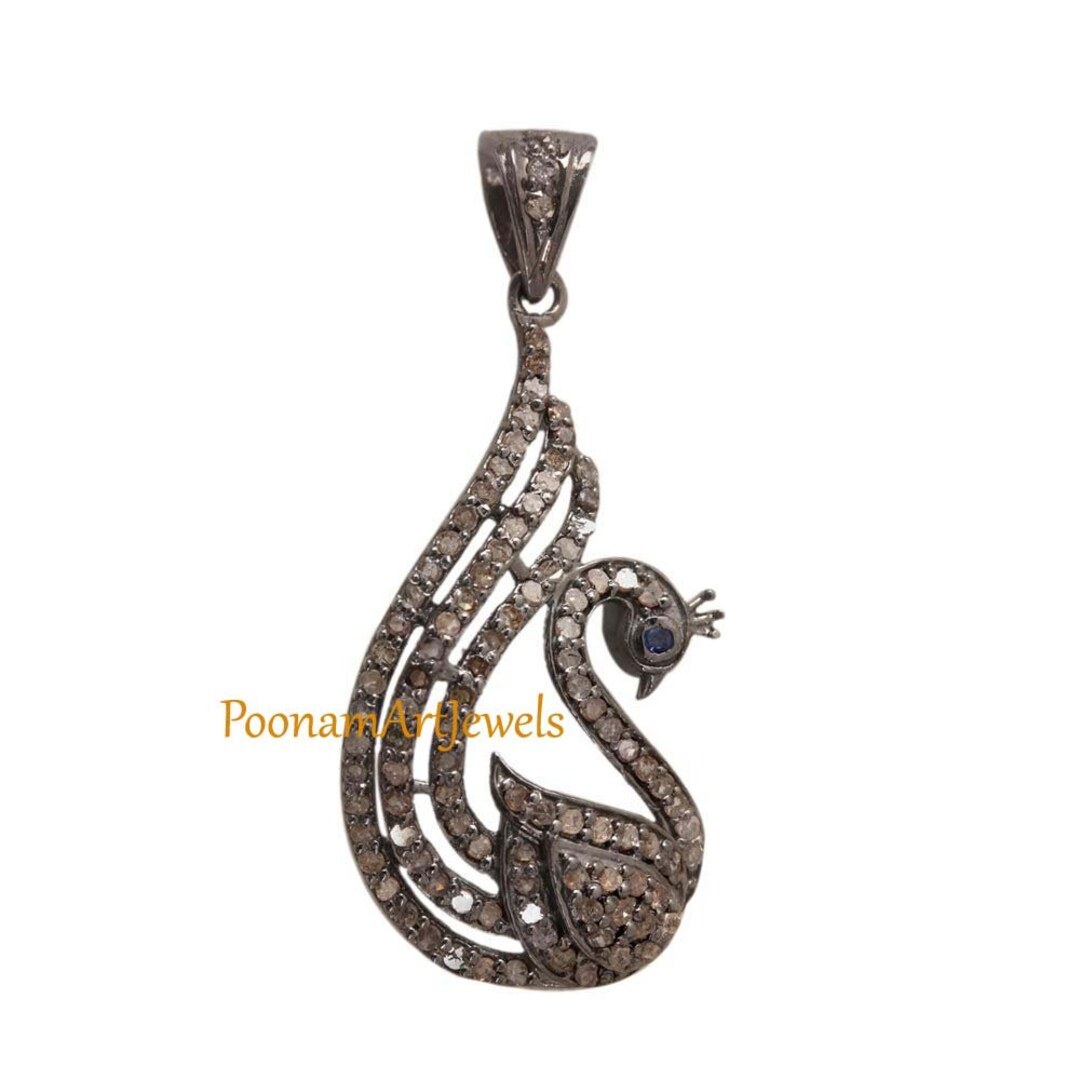 Peacock Pendant Natural Rose Cut Diamond Sapphire Pendant Solid 925 ...