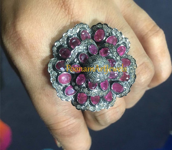 Natural Pave Diamond Rose Cut Diamond Ruby Ring Solid 925 - Etsy