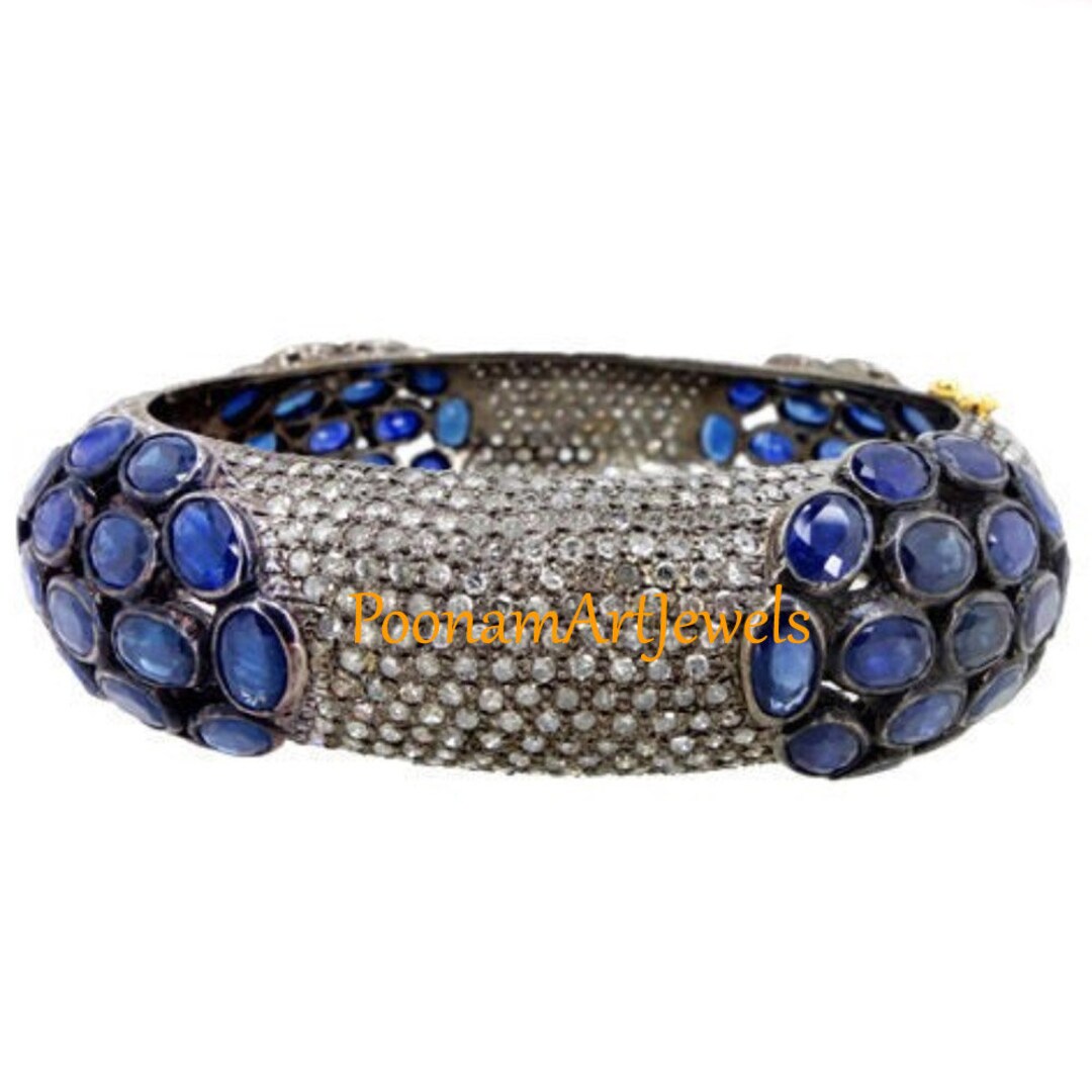 Natural Rose Cut Diamond Uncut Diamond Sapphire Bangle Solid 925k ...