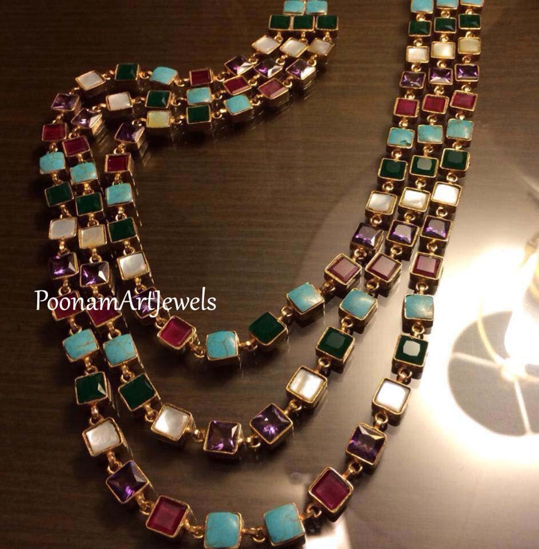 3 Line Necklace Natural Multi Stone Silver Necklace Solid 925 Sterling ...