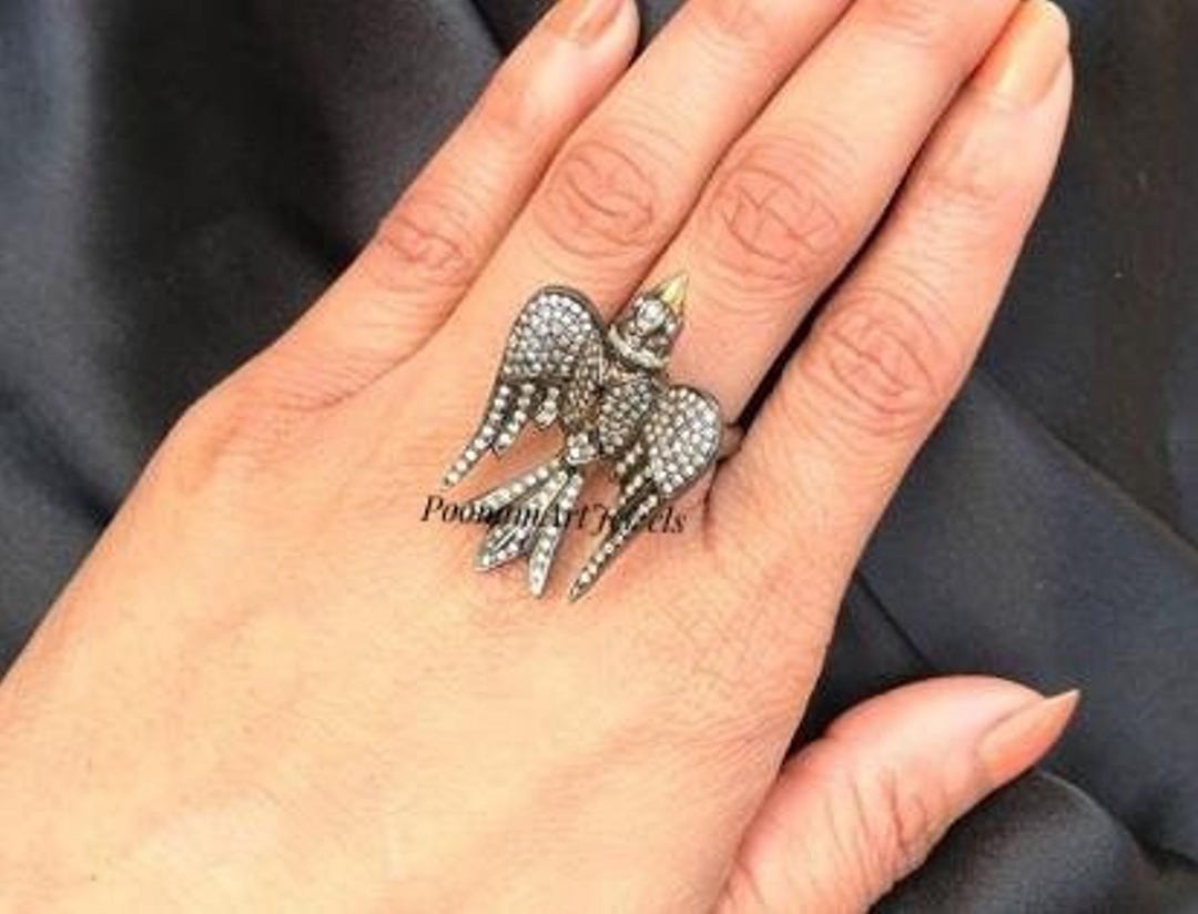 Single Cut Diamond Bird Ring: Ruby Eyes, Sterling Silver Victorian ...