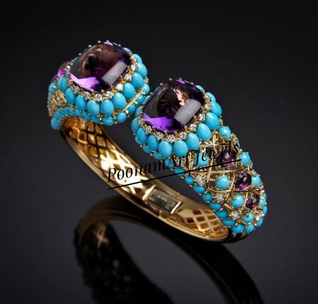 Turquoise Bangle Natural Turquoise Rose Cut Diamond and Amethyst Bangle ...