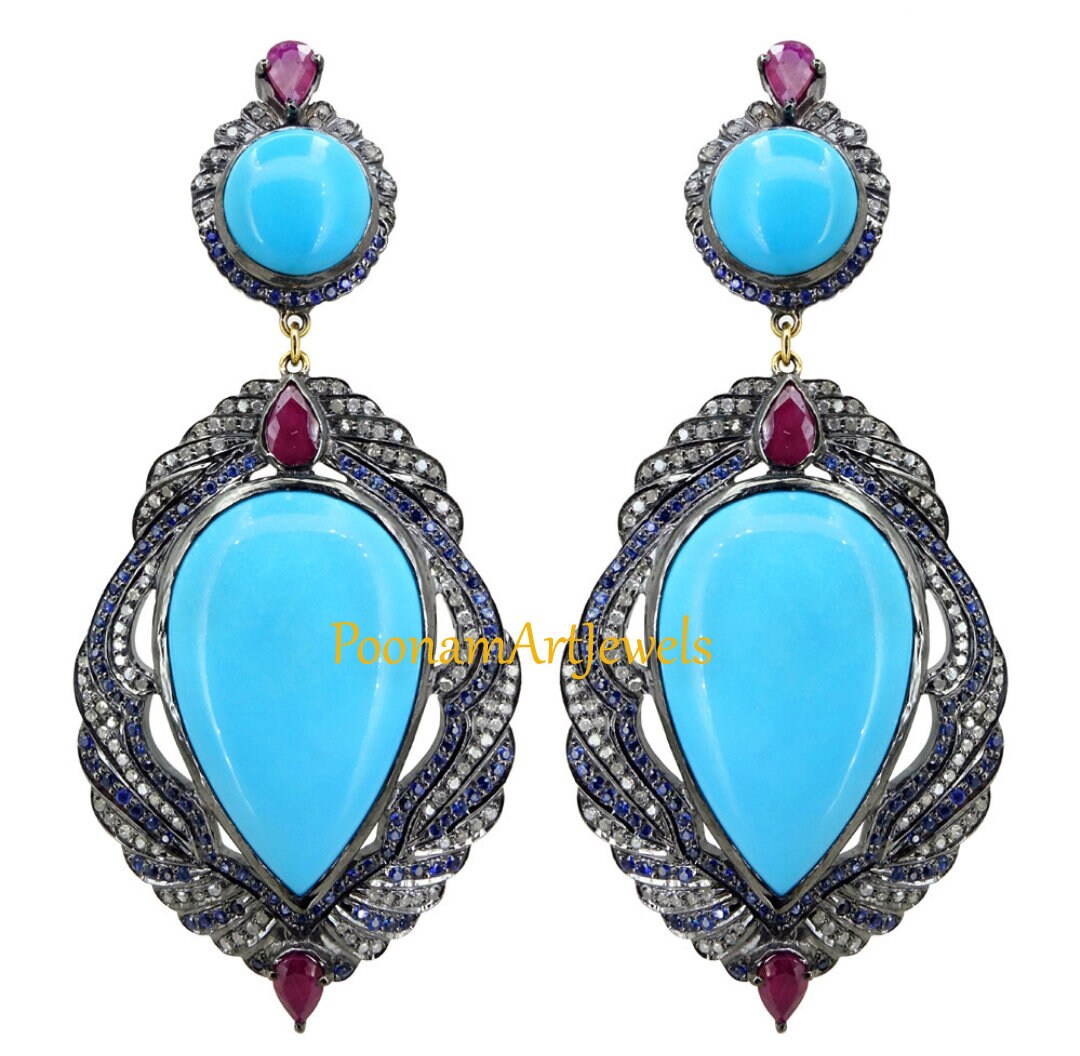 Natural Rose Cut Diamond Turquoise Ruby & Sapphire Solid 925k Sterling ...