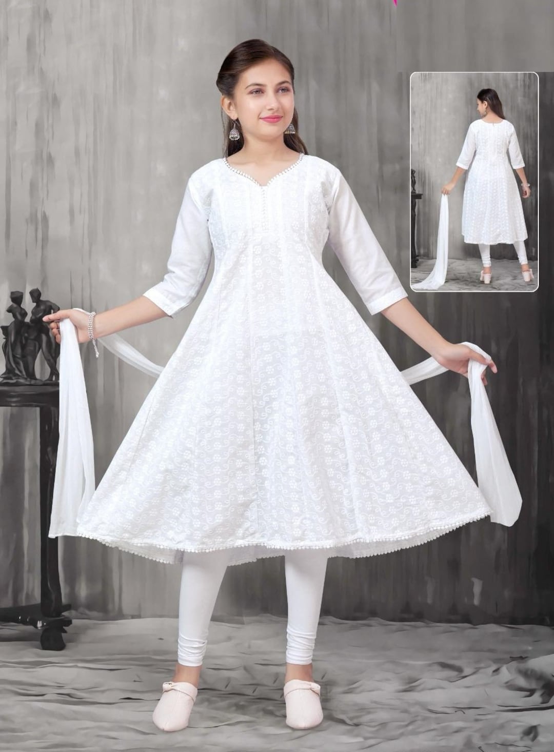 Chikankari Cotton Soft Girls White Kurti Set With Bottom, Dupatta ...