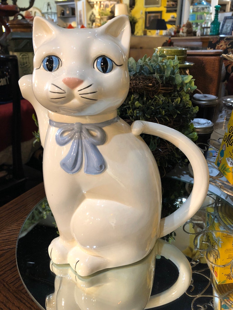 Vintage ceramic white cat pitcher | Etsy