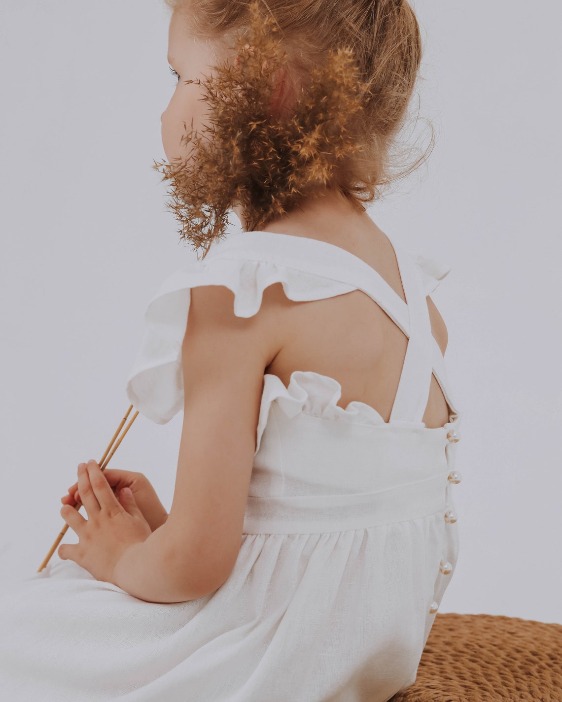 White Linen Sundress for Girls With Ruffles on the Straps Fashionable ...