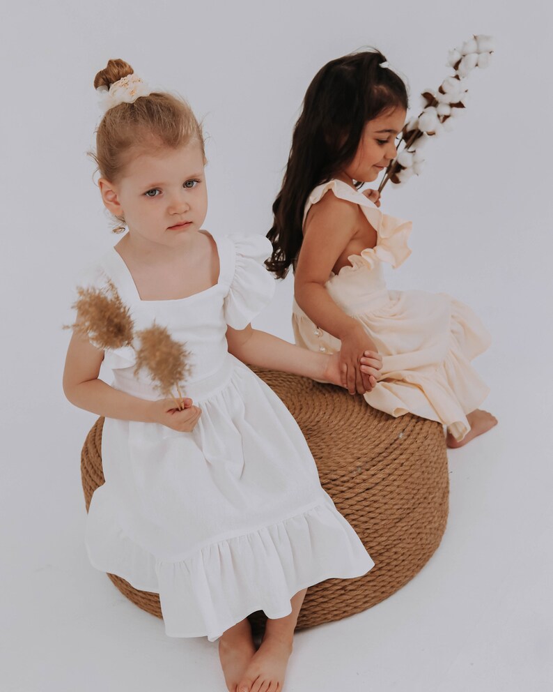 White Linen Sundress for Girls With Ruffles on the Straps Fashionable ...