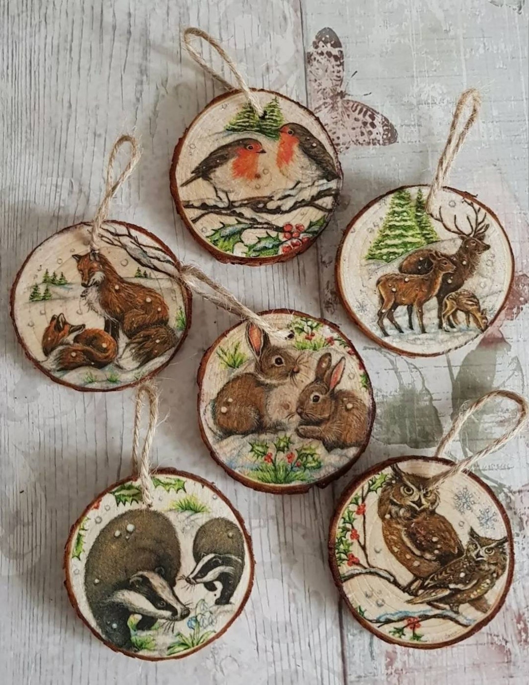 Woodland Wood Slice 7cm Christmas Tree Decoration Ornament/ Badger/fox ...