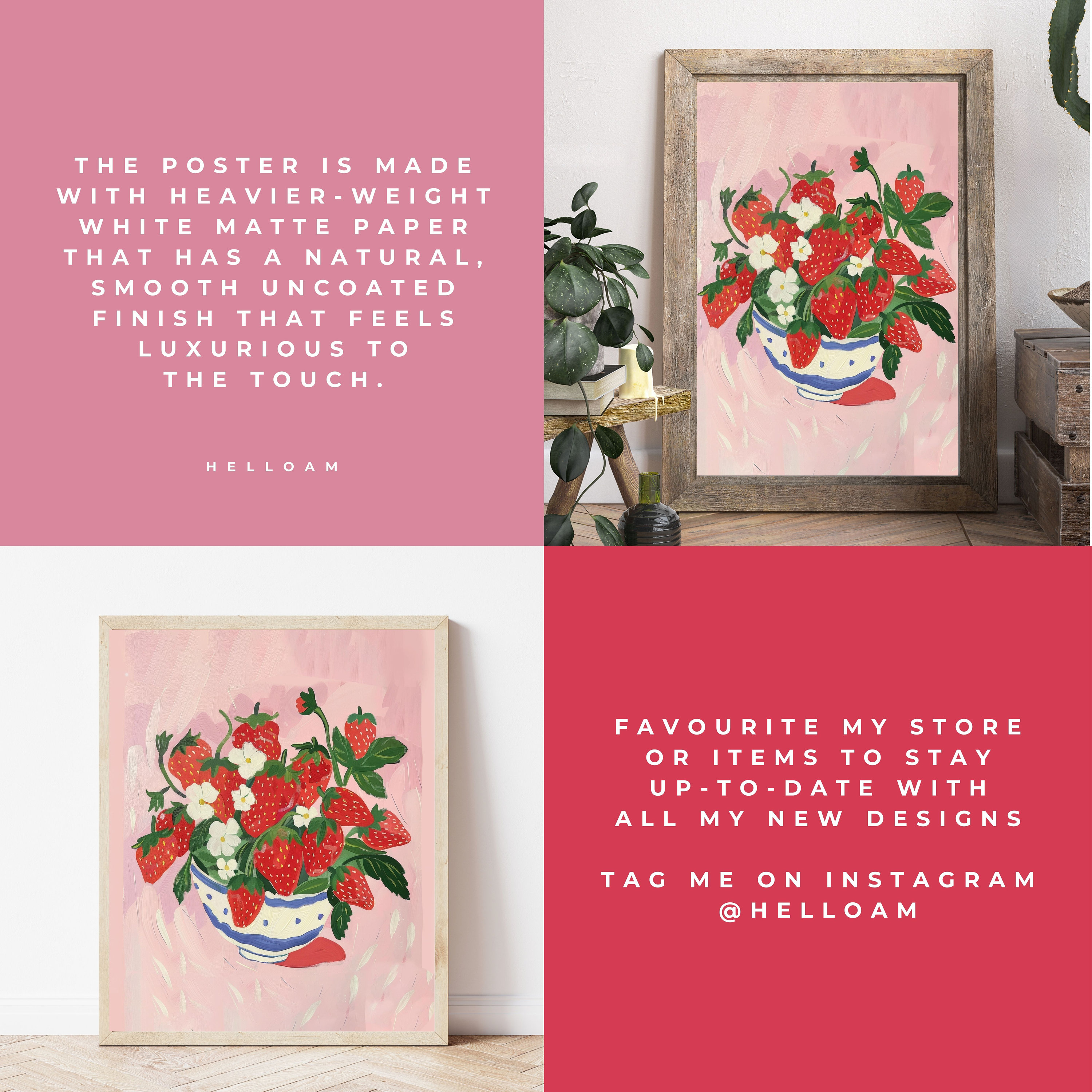 Retro Strawberry Print, Girly Pink Aesthetic Kitchen Wall Art ...