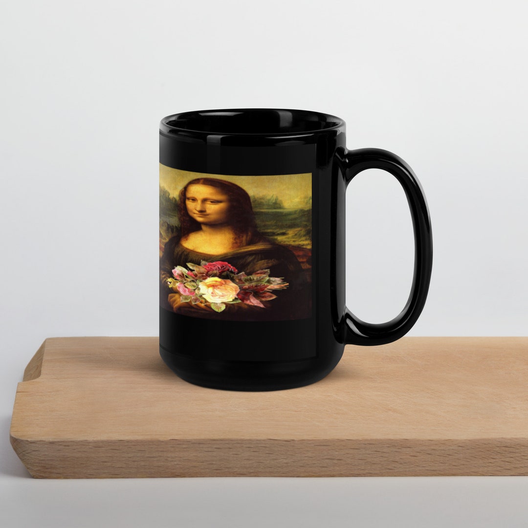 Mona Lisa Holding Flowers Black Glossy Mug. Artsy. Painting of Mona ...