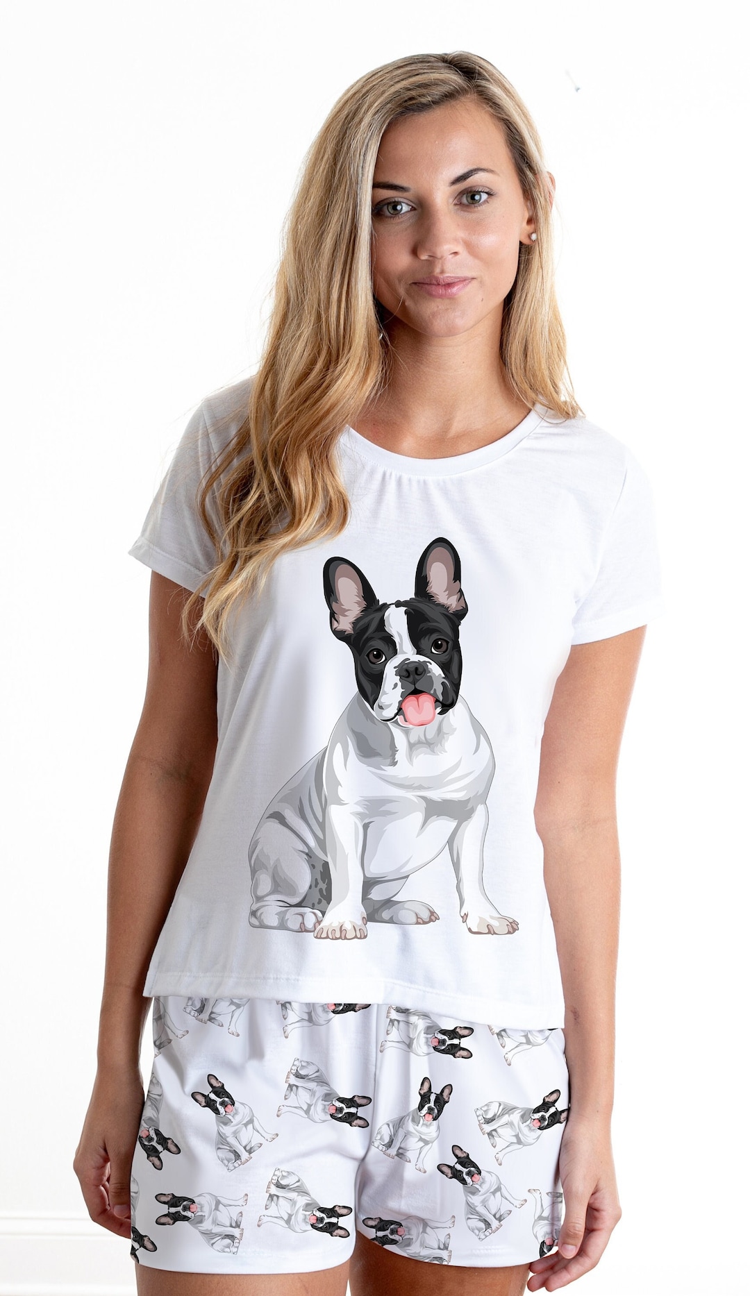 Black & White French Bulldog Pajama Set With Shorts for Women, Bicolor ...