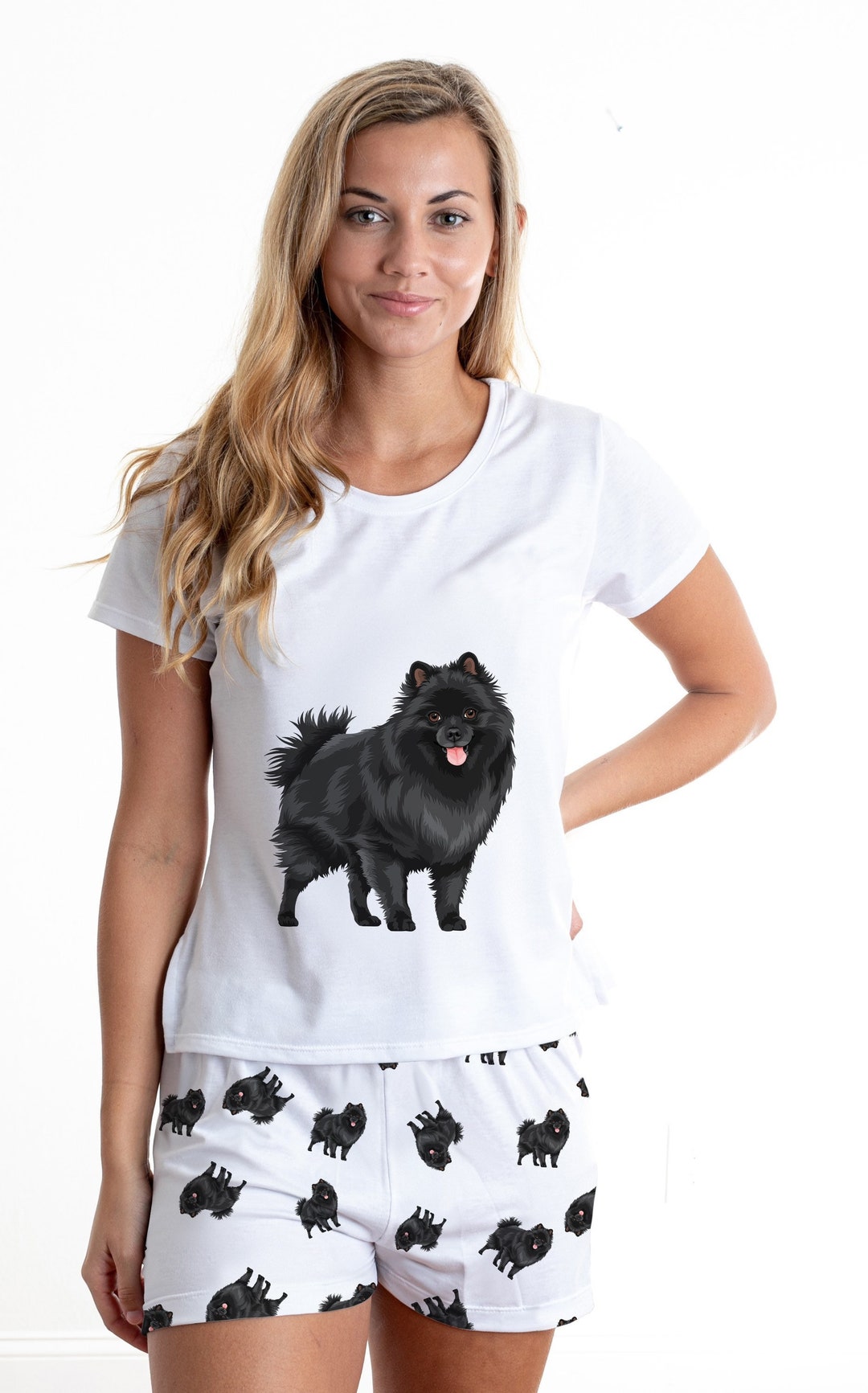 Dog Black Pomeranian Pajama Set With Shorts for Women, Lulu Da ...