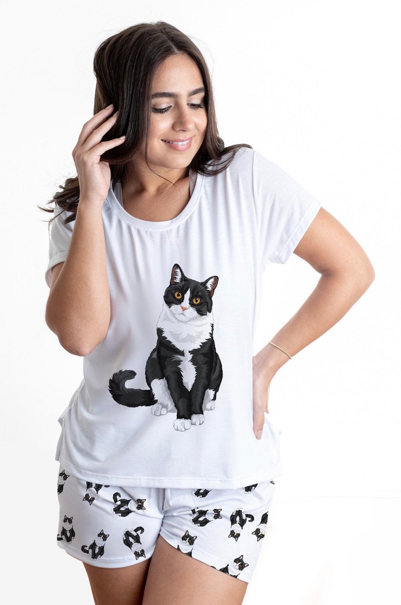 Tuxedo Cat Pajama Set With Shorts for Women ,bicolor Cat Pajama Set ...