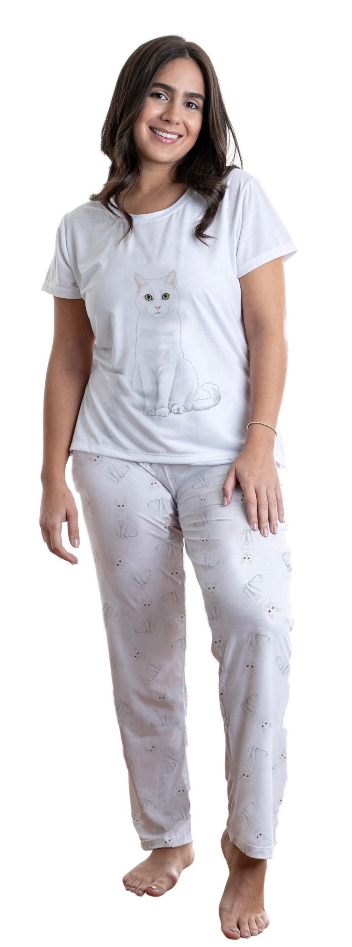 White Cat Pajama Set With Pants for Women White Cat Lover - Etsy