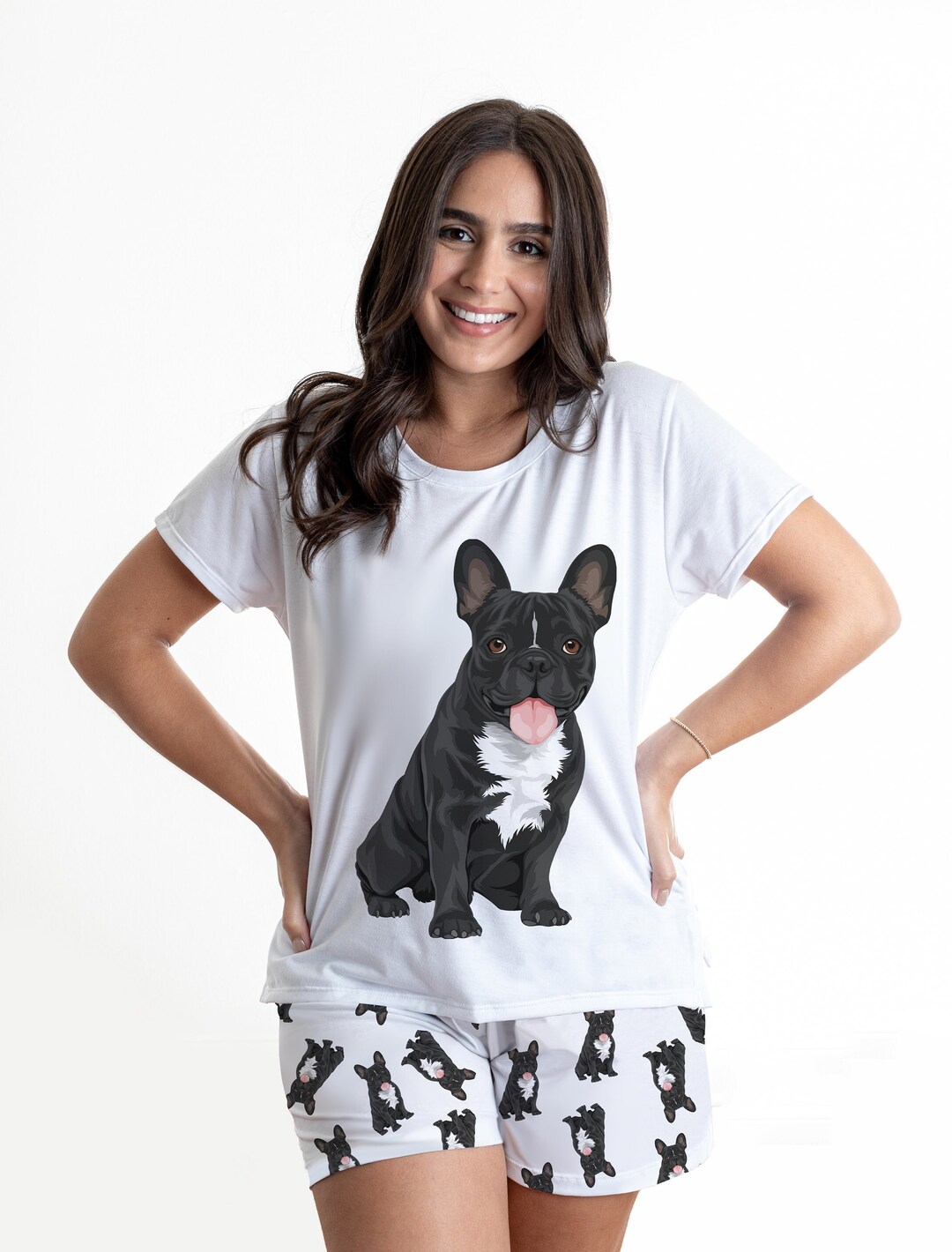 Black French Bulldog Pajama Set With Shorts for Women , Frenchie Lover ...