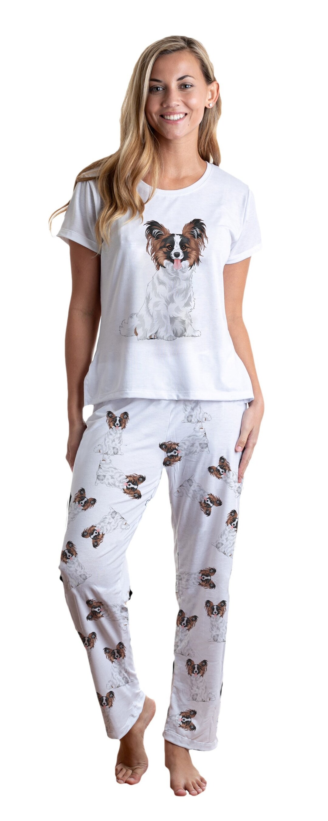 Papillon Pajama Set With Pants for Women, Hairy Chihuahua Lover Pjs ...