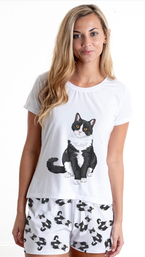 Tuxedo Cat Pajama Set With Shorts for Women bicolor Cat Lover - Etsy