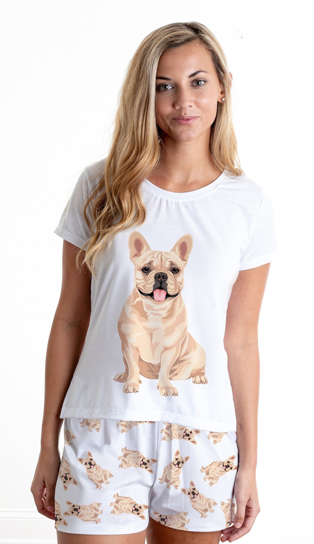 French Bulldog Fawn Pajama Set With Shorts for Women , Yellow Cream ...
