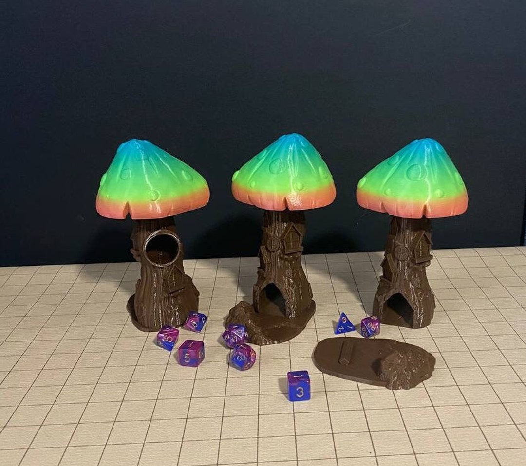 Mushroom Manor Mini Dice Tower Blue, Green, and Pink With Brown Fates ...