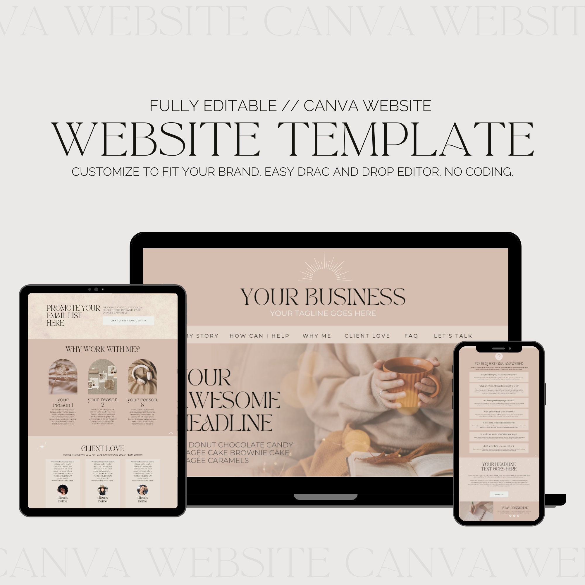 Beige Aesthetic Website Template for Canva Simple One Page - Etsy