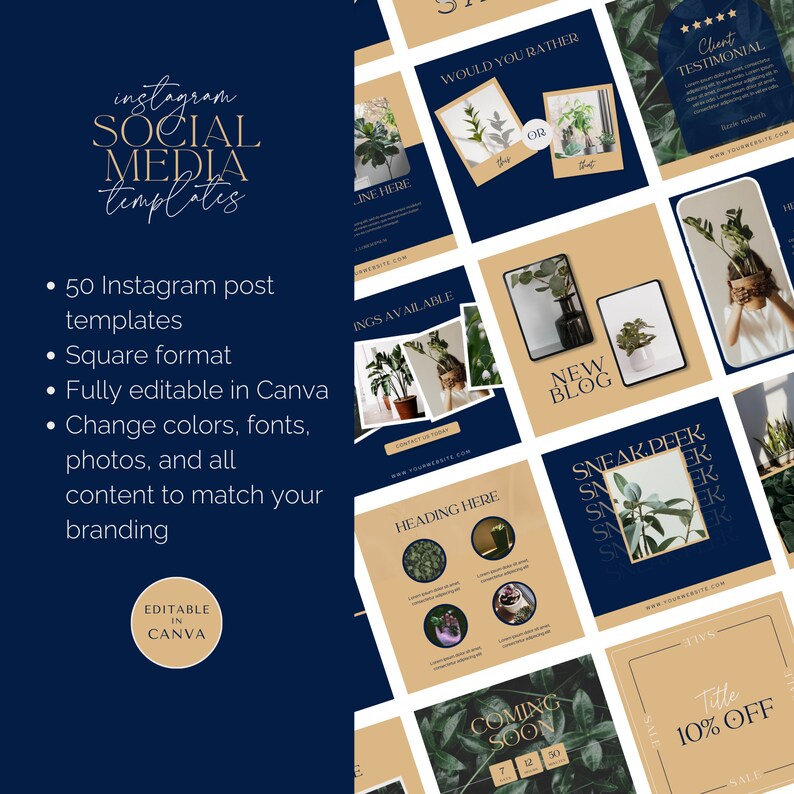 Navy and Gold Instagram Post Templates for Canva, Luxury Aesthetic ...