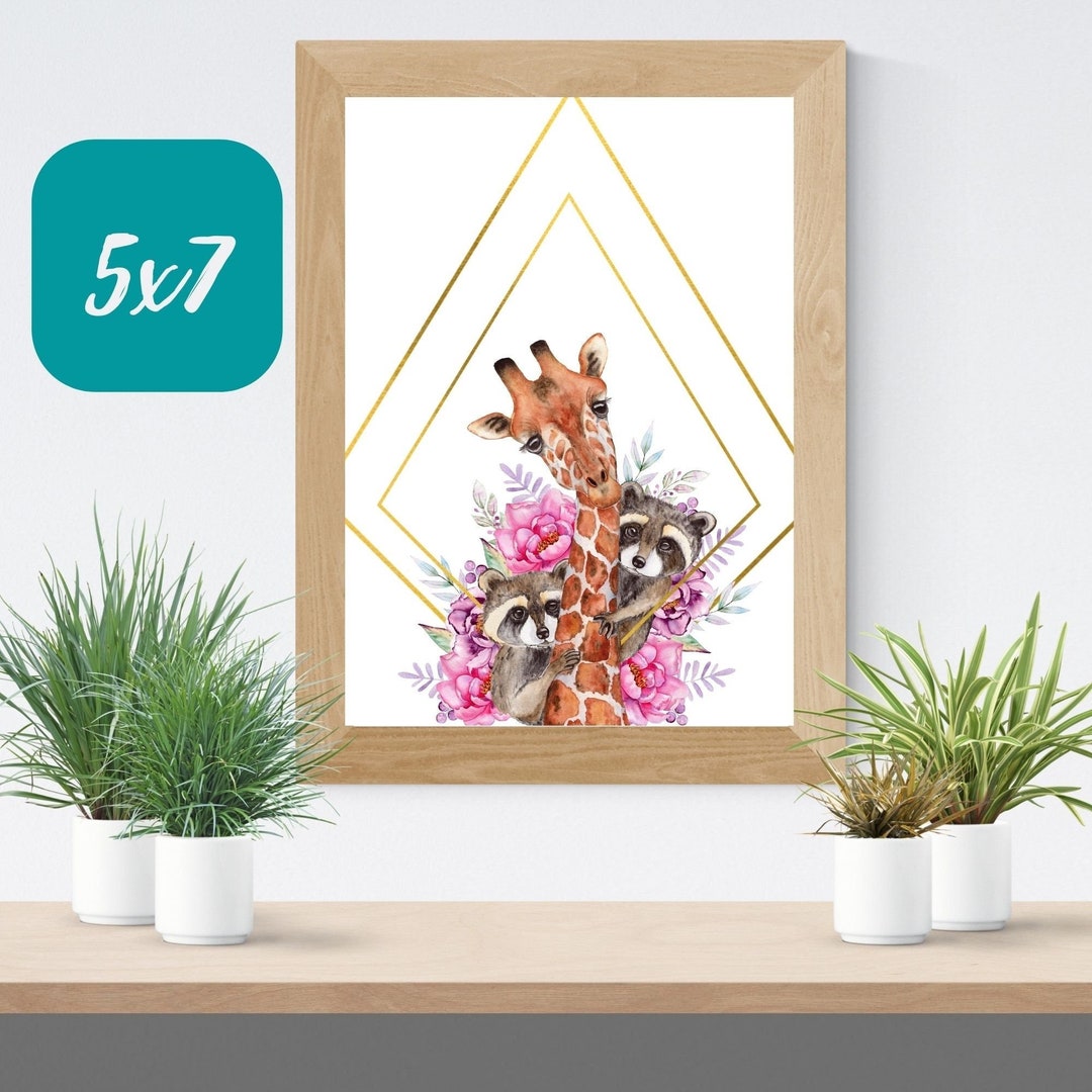 Giraffe and Raccoons With Watercolor Flower, Gold Geometric, Cottage ...