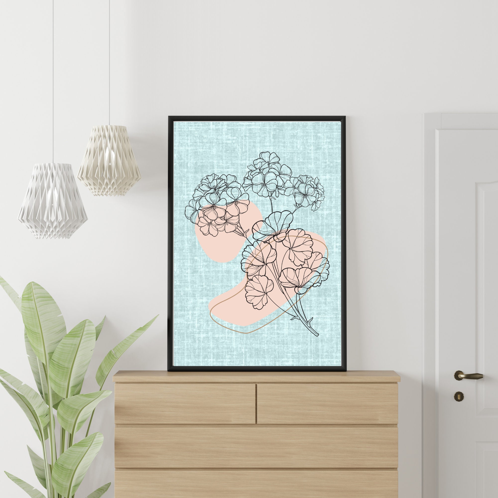 Boho Flower With Pink Abstract Accents on Blue Linen, Cottage Core ...