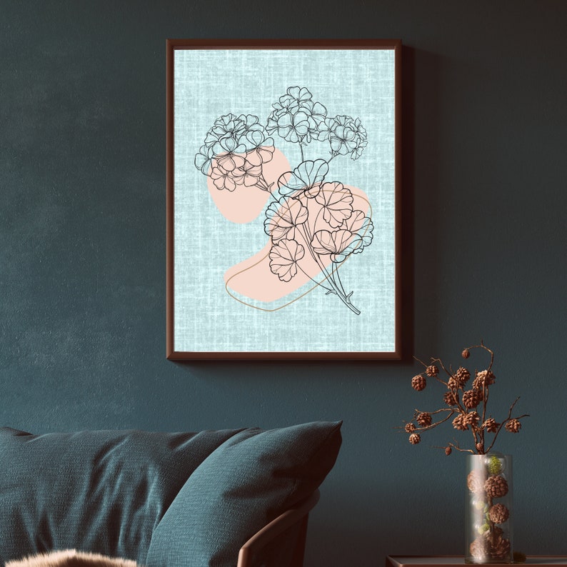 Boho Flower With Pink Abstract Accents on Blue Linen, Cottage Core ...