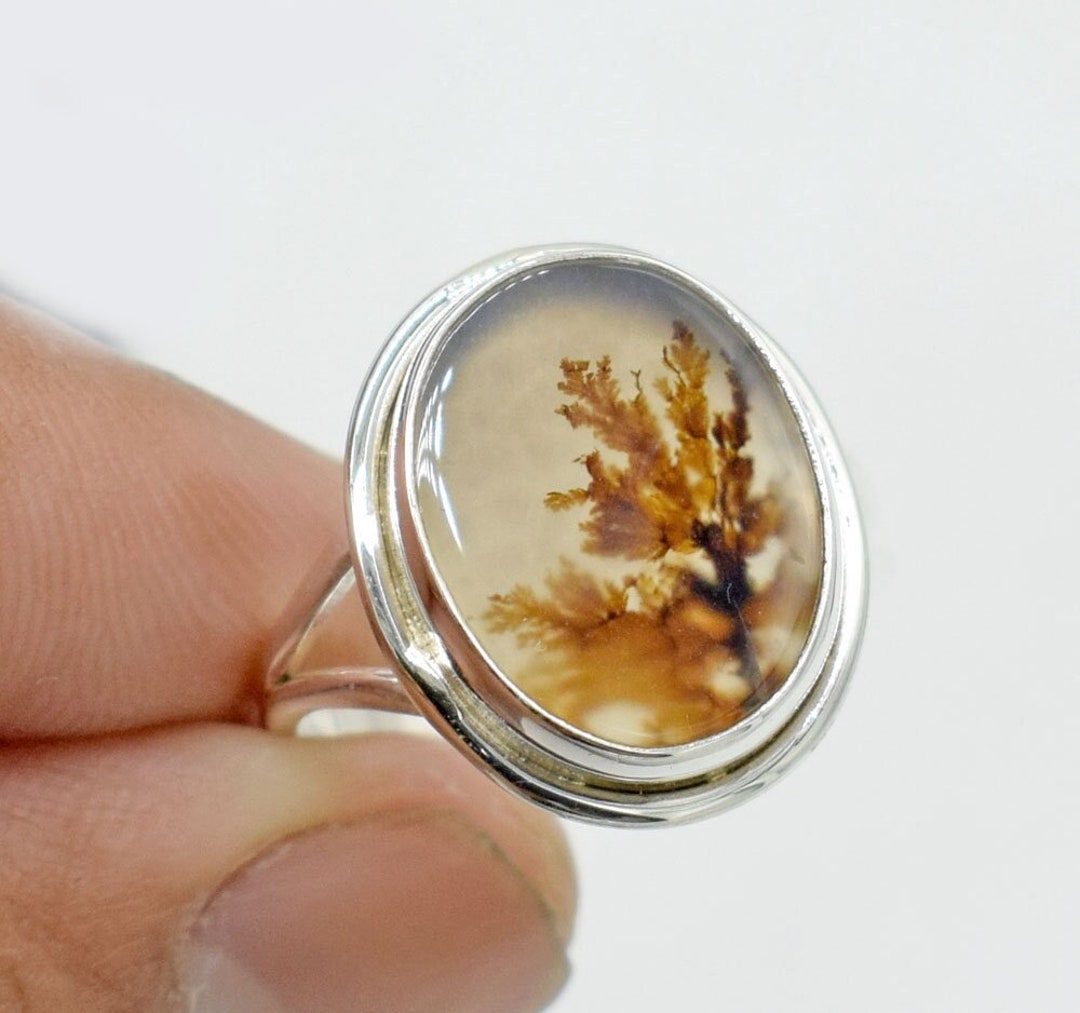 Beautiful Tree Agate Ring, Rectangle Shape Dendrite Agate Gemstone Ring ...