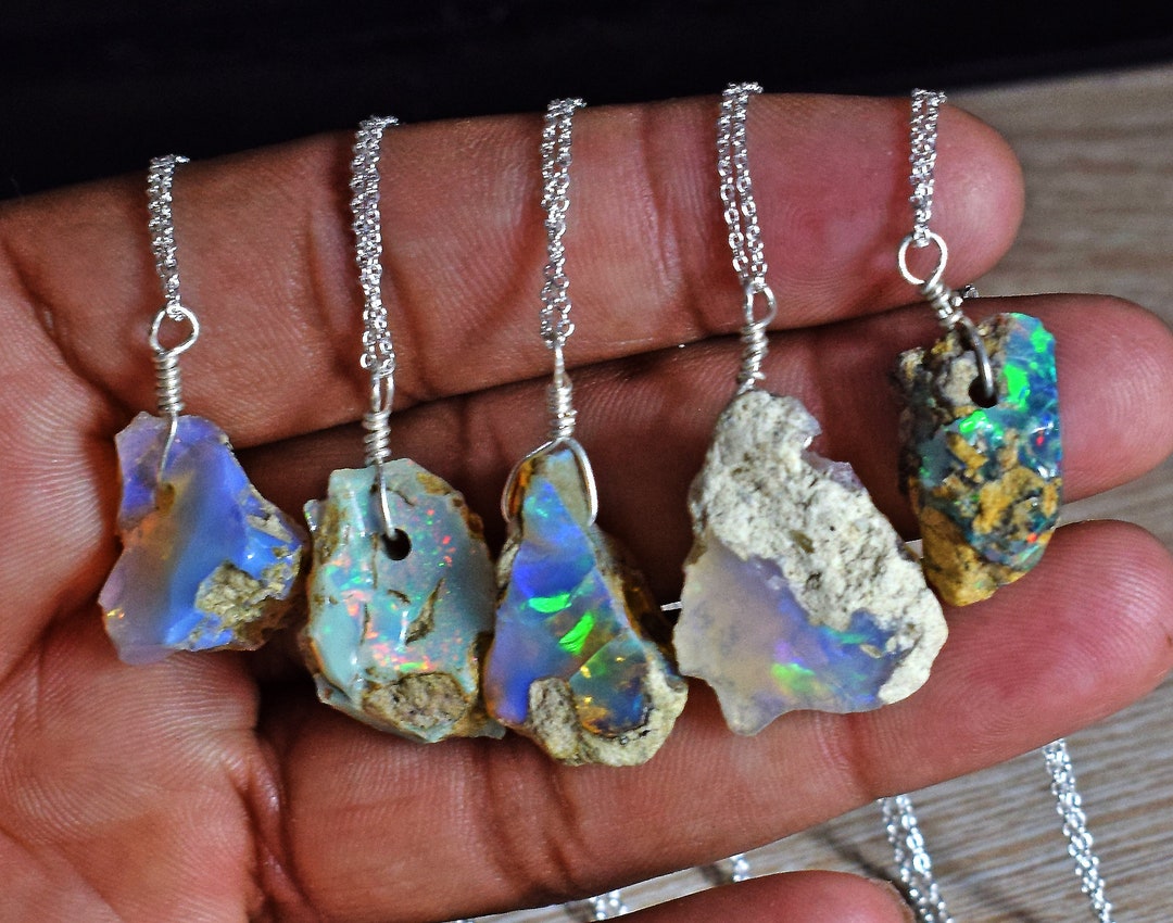 925 Sterling Silver Raw Opal Pendant Necklace, Real Ethiopian Opal ...