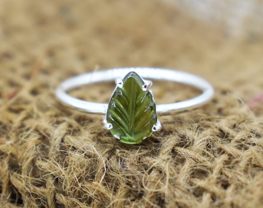 Natural Leaf Shape Parrot Green Tourmaline Gemstone Ring, 925 Sterling ...
