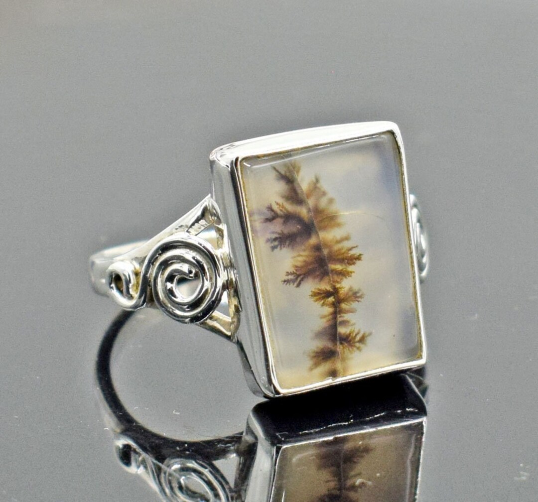 Amazing Tree Agate Ring, Rectangle Shape Dendrite Agate Gemstone Ring ...