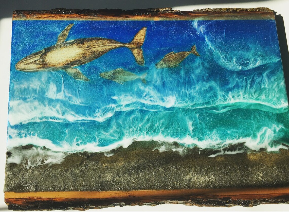 Hand Engraved Whales, Resin Ocean Wall Art, With Live Edge Wood - Etsy