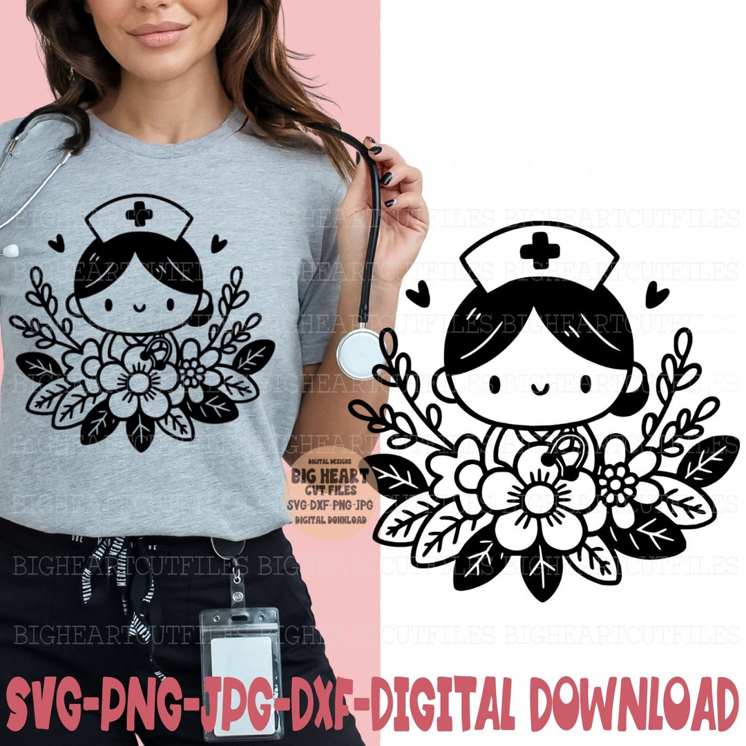 Nurse Svg Png Jpg Dxf Floral Nurse Silhouette and Cricut Cut File ...