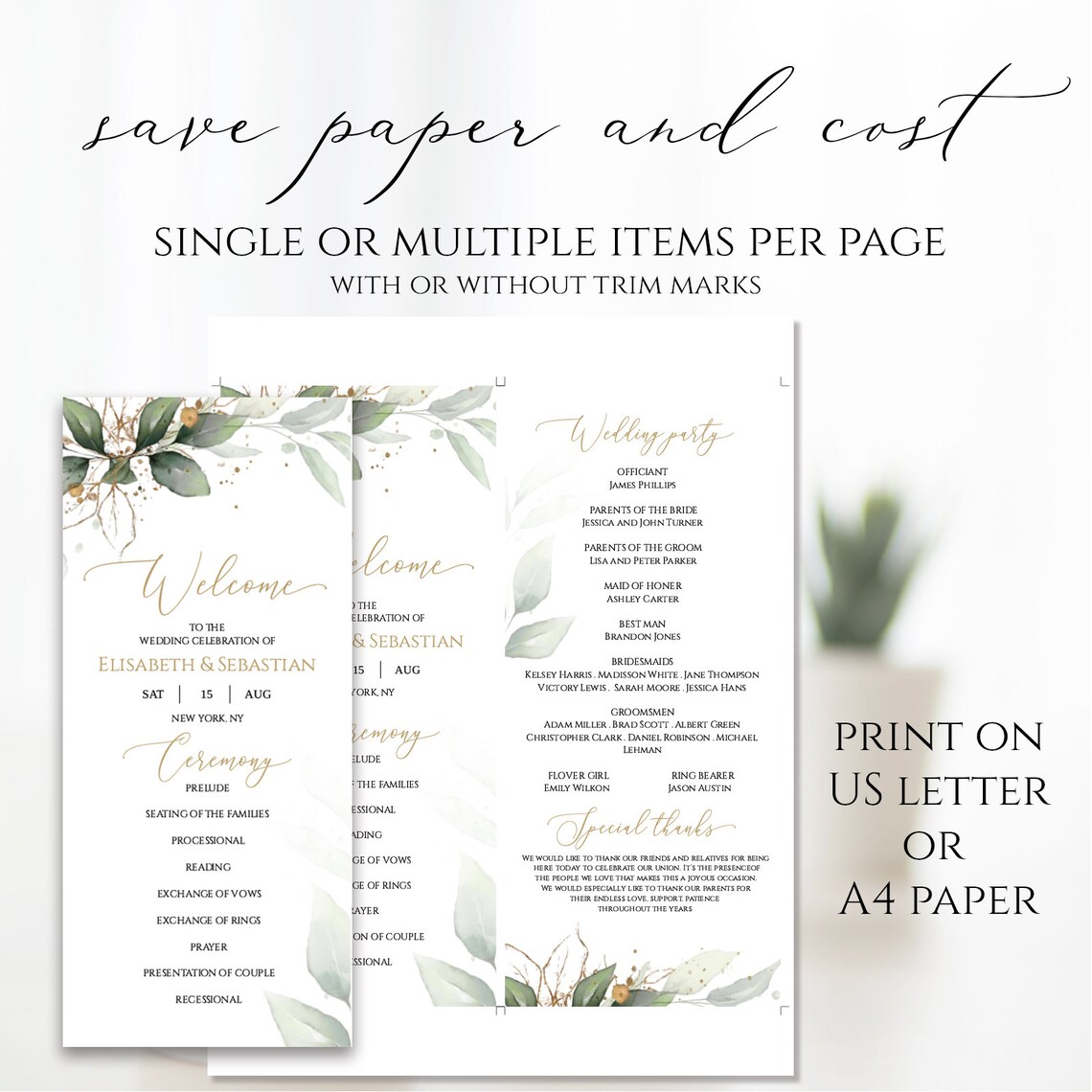 Greenery Wedding Program Template Printable Rustic Greenery | Etsy