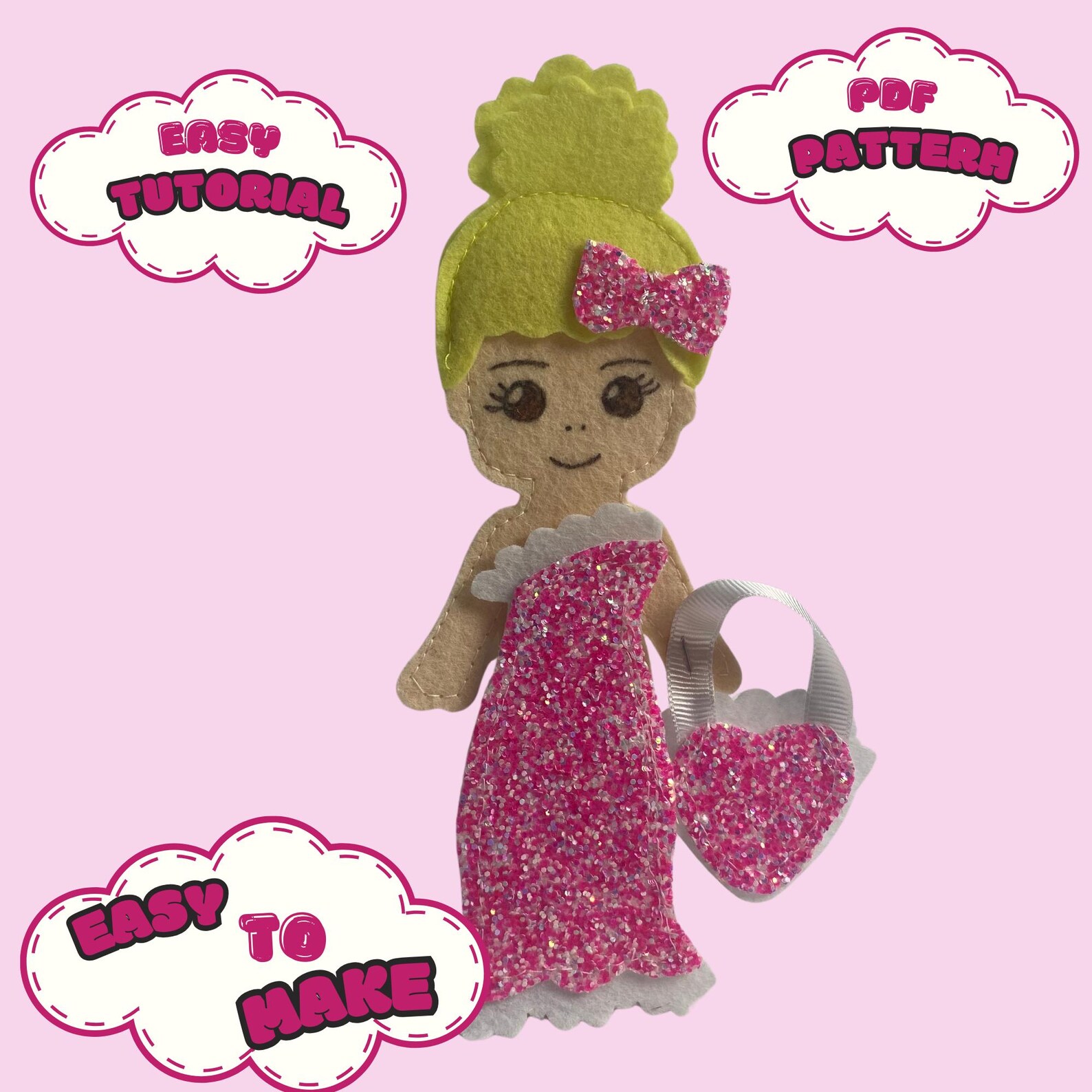 Cute Felt Doll and Stylish Pinky Party Outfit Pattern, PDF Pattern ...