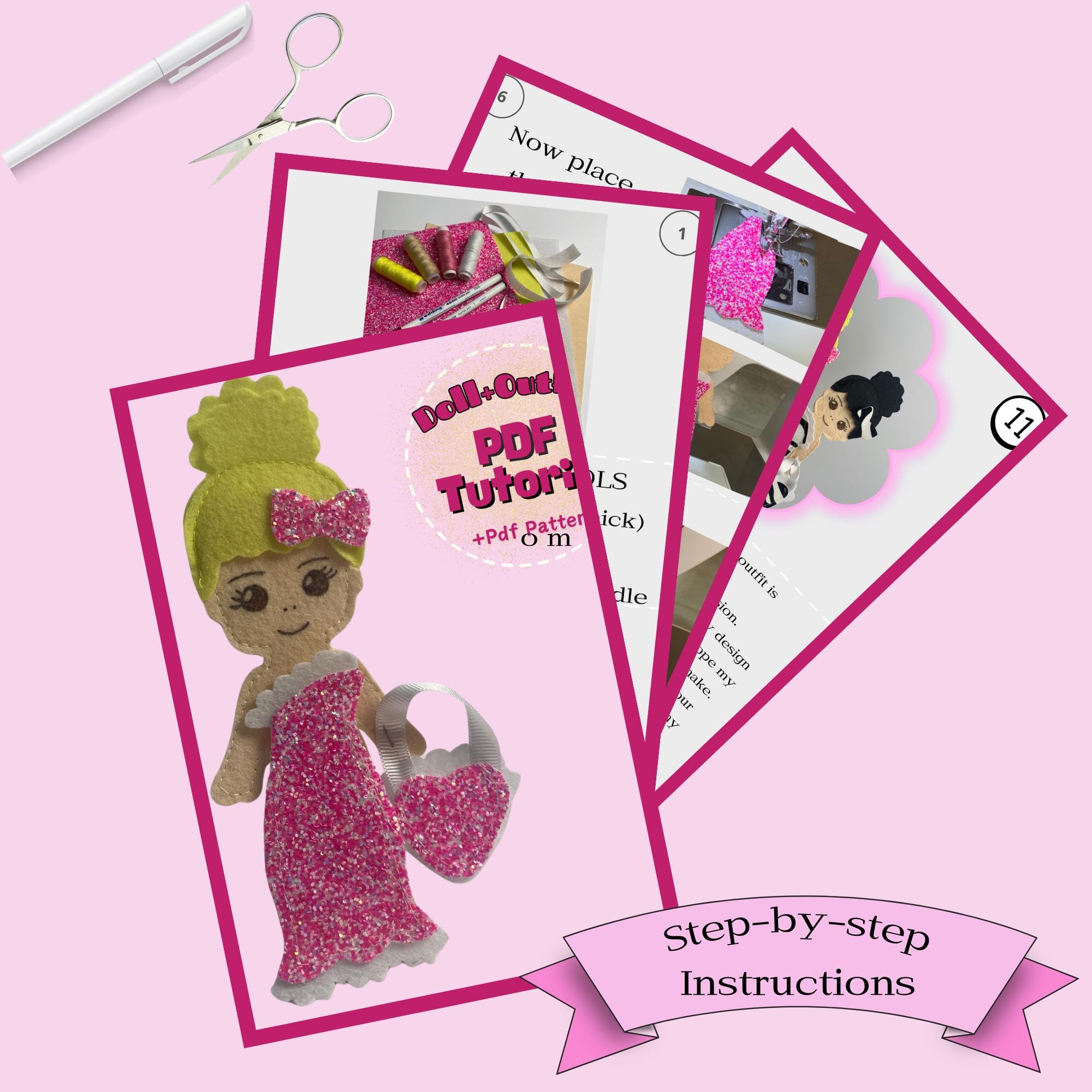 Cute Felt Doll and Stylish Pinky Party Outfit Pattern, PDF Pattern ...