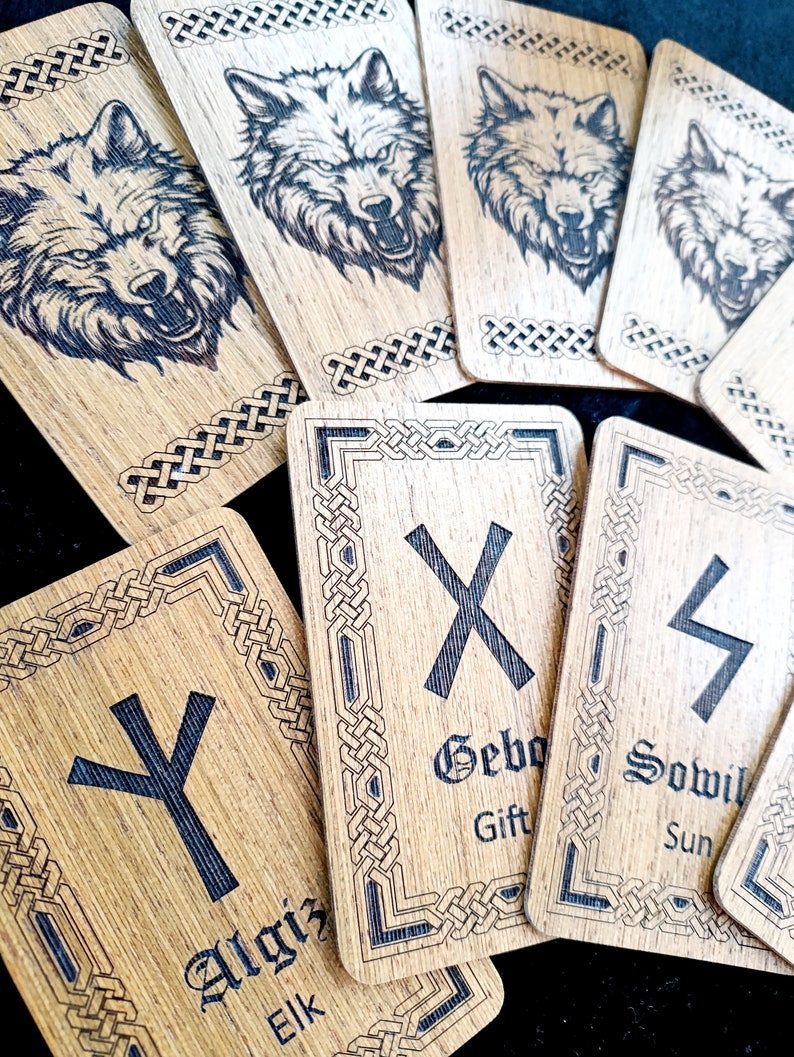 Fenrir Wolf Wooden Rune Deck – Elder Futhark Divination Cards, Laser ...