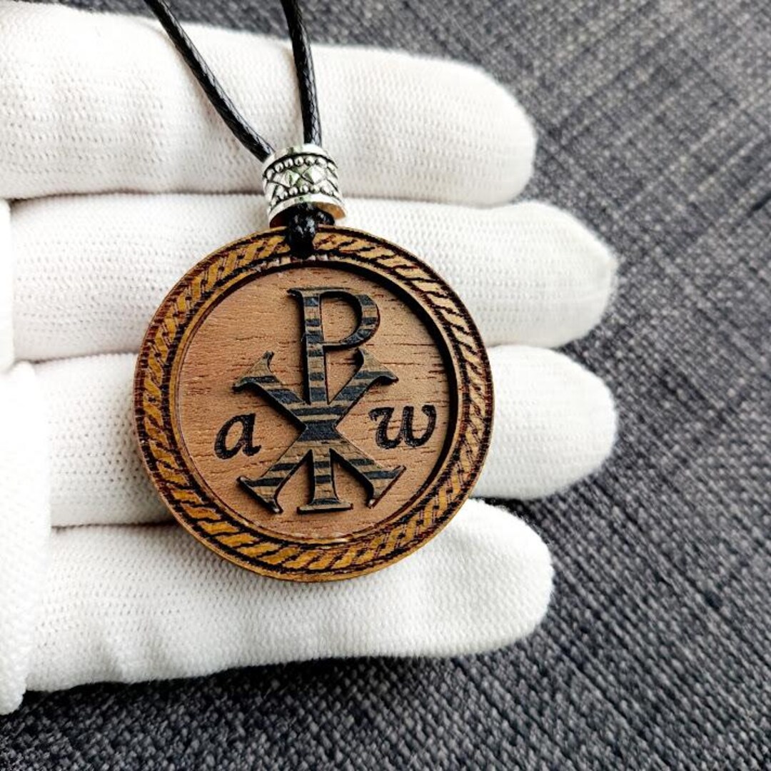 Chi Rho Alpha Omega Necklace, Wooden Pendant With Jesus Monogram ...