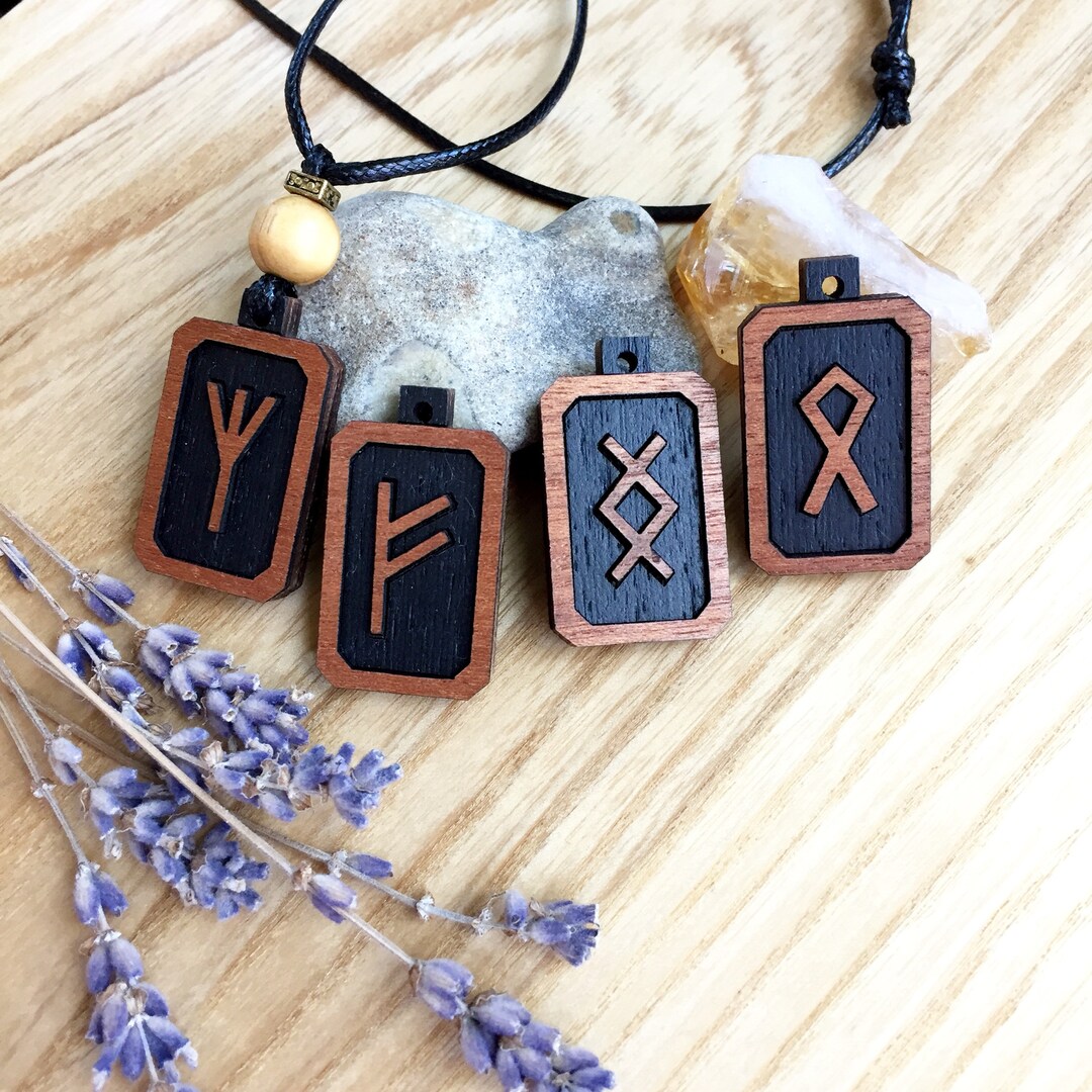 Wooden Rune Pendant, Algiz, Fehu, Inguz Runes Necklace, Elder Futhark ...