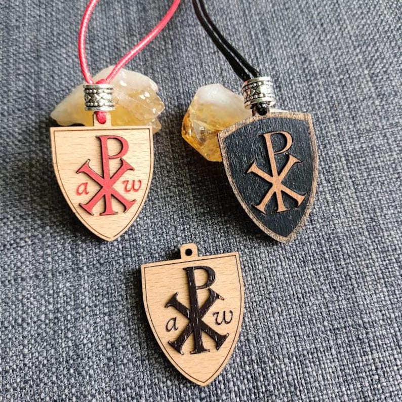 Chi Rho Symbol Wooden Pendant, Shield Crusaders, Christian Necklace ...