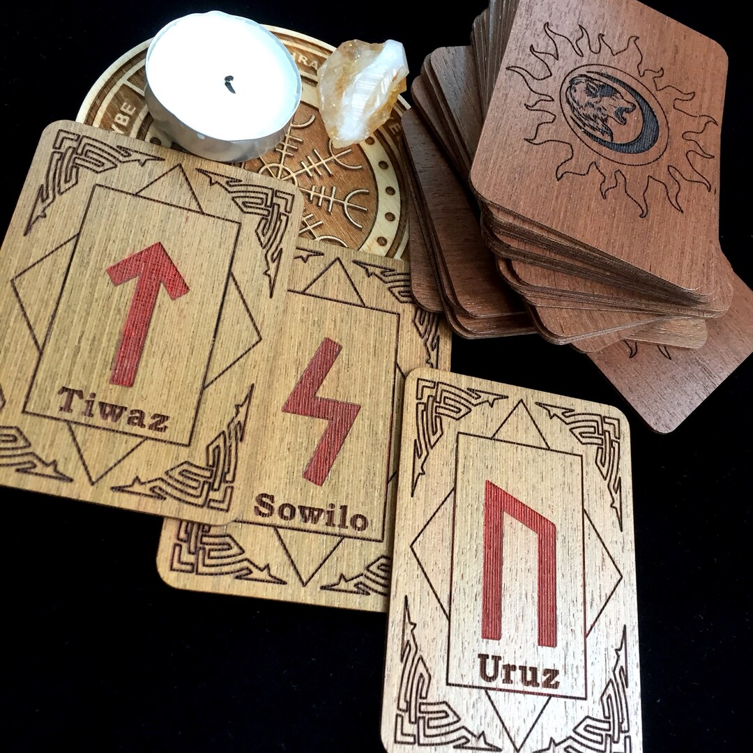 Pagan Wooden Rune Deck With Wolf & Moon, Elder Futhark Cards in ...