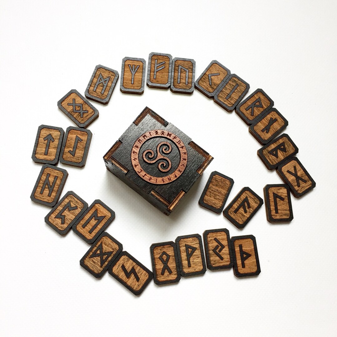 Elder Futhark Runes, Set Wooden Runes With Wood Box and Velvet Bag ...